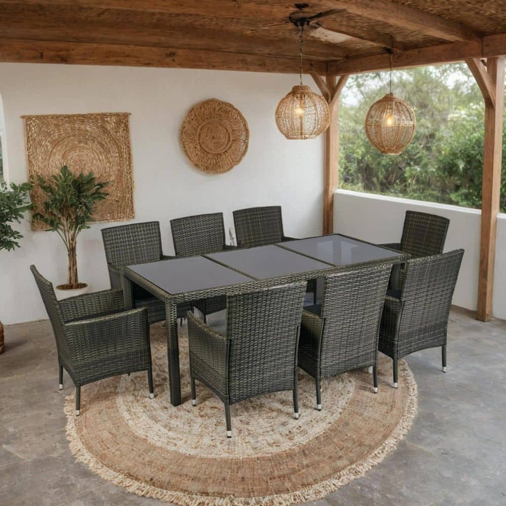 9-Piece Grey Wicker Wicker Outdoor Dining Set, Patio Furniture Dining ...