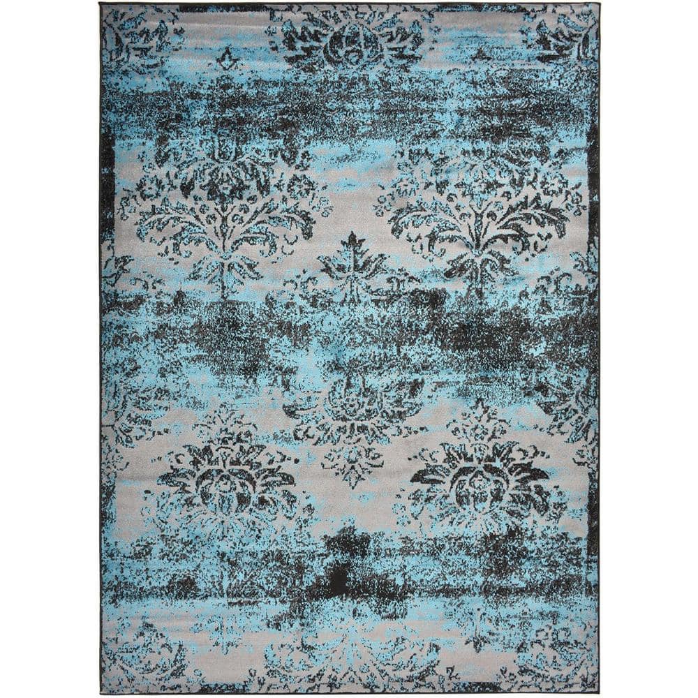 RugStylesOnline Studio Damask Silver and Aqua 8 ft. x 10 ft. French ...