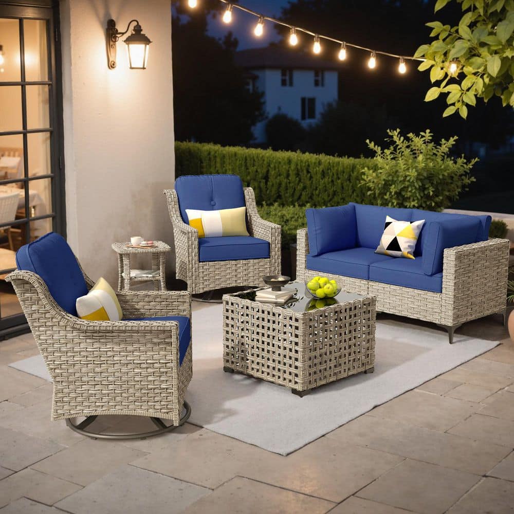 XIZZI Zephyr 6 Pieces Wicker Outdoor Rocking Chair Set with Navy Blue Cushions SKT-PAD700-13 ...