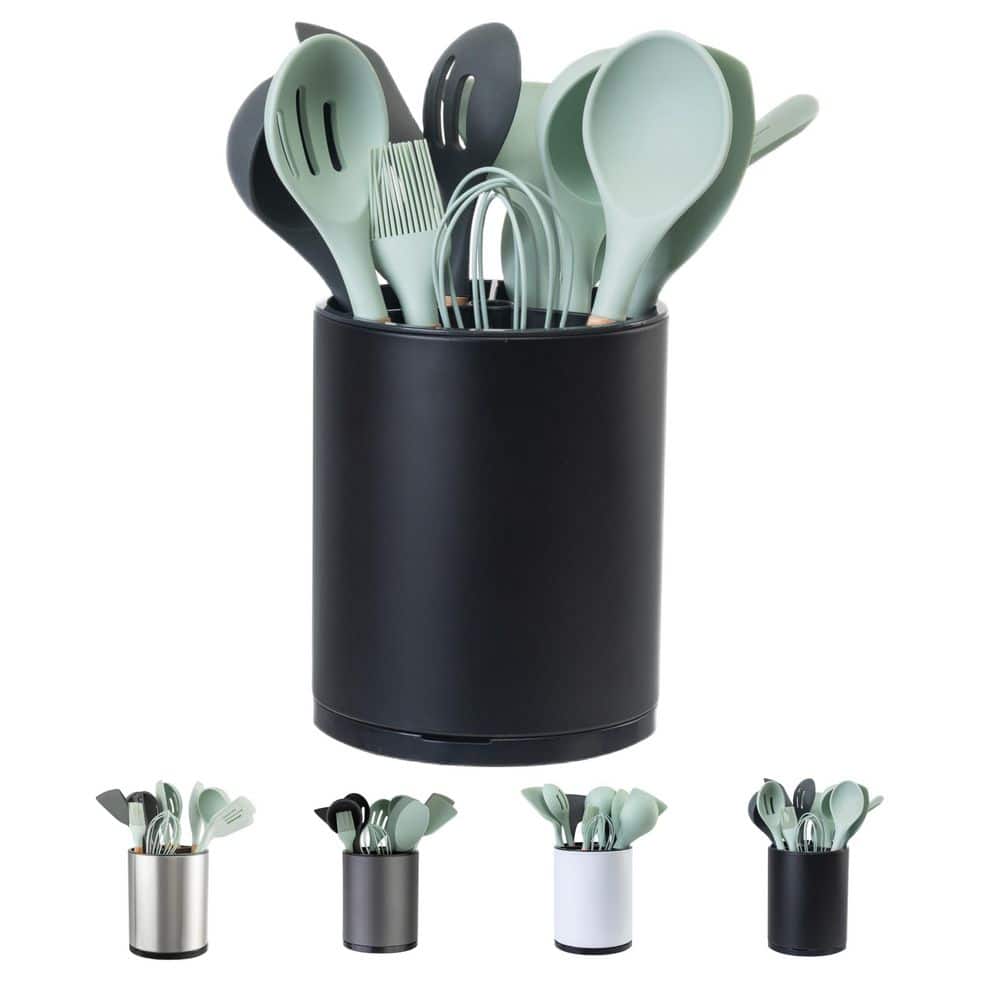 Wudkey Stainless Steel Utensil Holder in Black with 360° Rotating Base ...