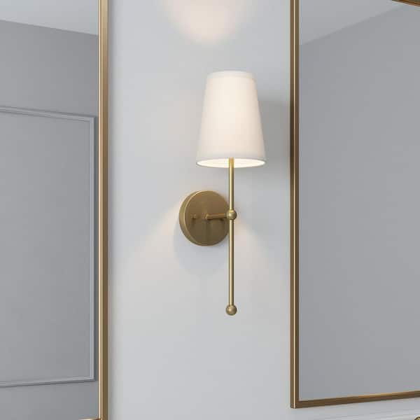 Parrot Uncle Finley 7.8 in. 1-Light Gold Wall Sconce with White Fabic ...