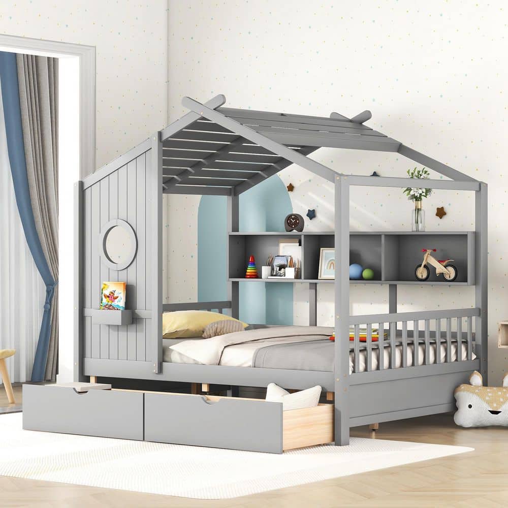 Noble House Saxton Gray Full Size Wooden Kids House Bed with 2-Drawers ...