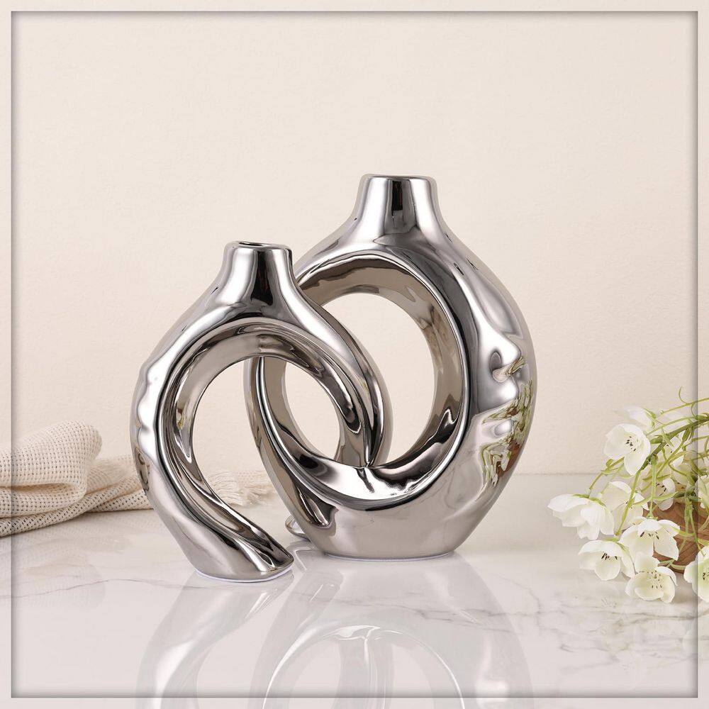 8.6 in Home Decor Ceramic Vase, Round Vase with Holes Set of 2, Silver ...