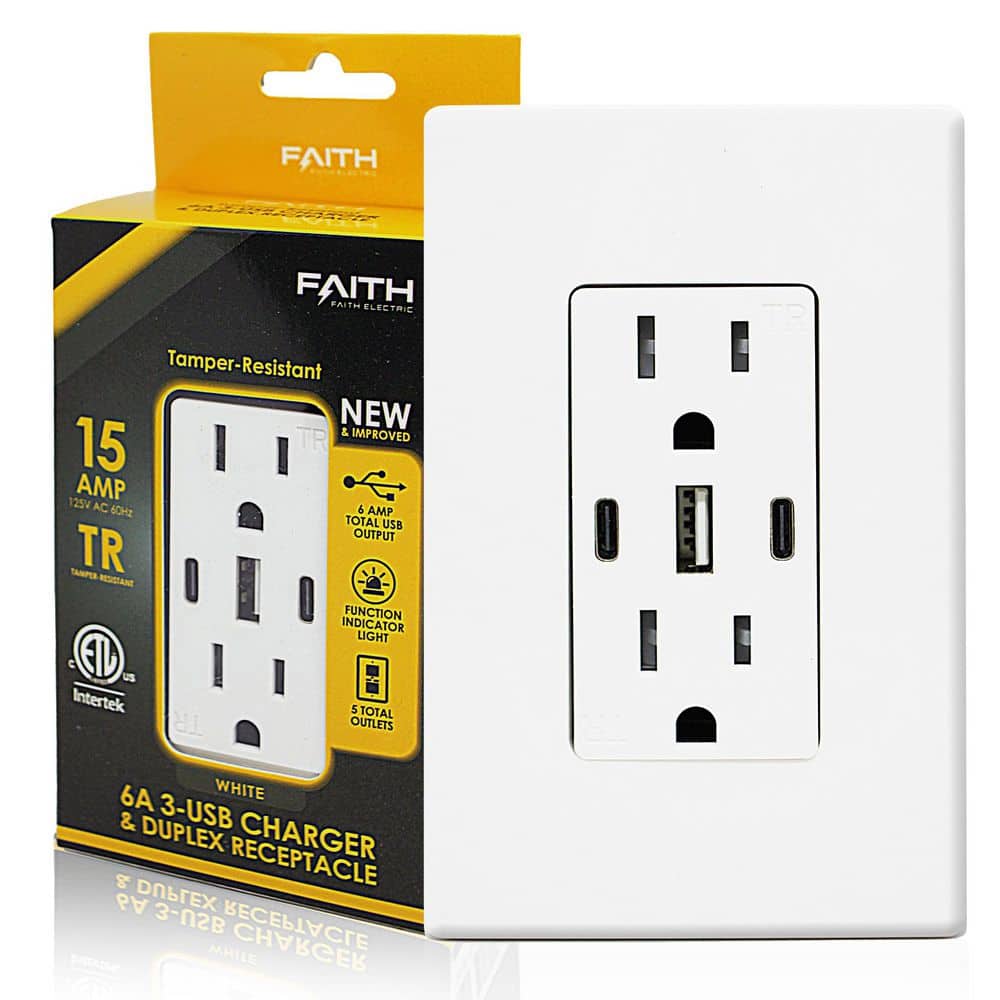 Faith USB Receptacle Outlet White, 15A 30W with 2 Type C, 1 Type A USB ...