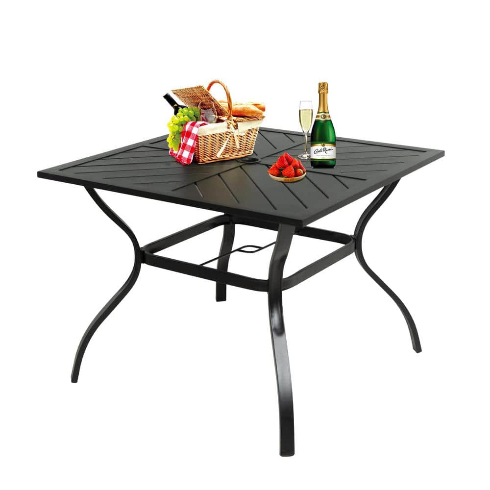 Zeus & Ruta Black Metal Outdoor Dining Table with 2.25 in. Umbrella ...