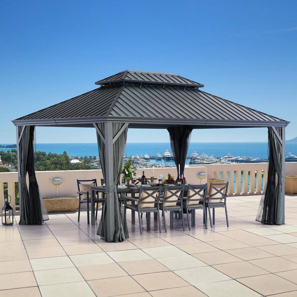 UNISOAR 12 ft. x 16 ft. Light Gray Aluminum Hardtop Gazebo with Double ...