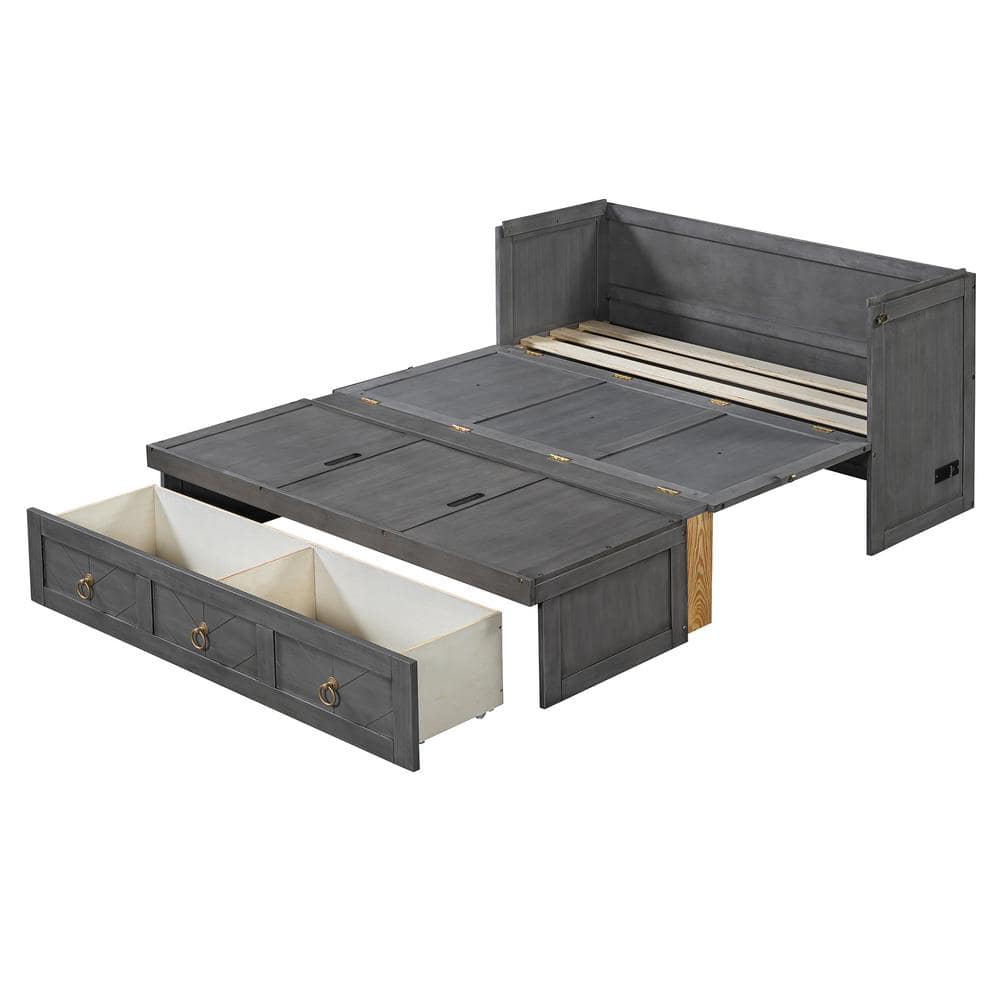 Harper & Bright Designs Gray Wood Frame Full Size Murphy Bed with Large ...