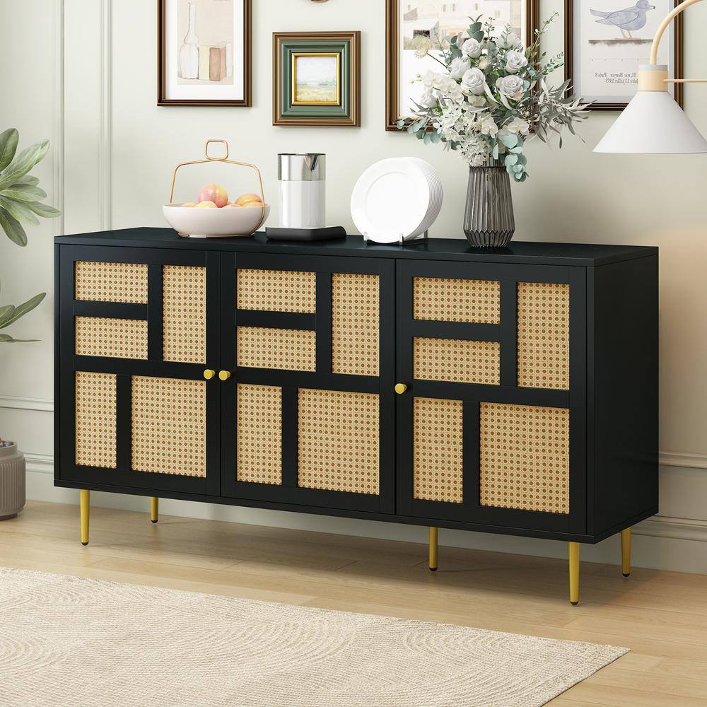 Harper & Bright Designs Black Wood 57 in. Sideboard with Rattan Design ...