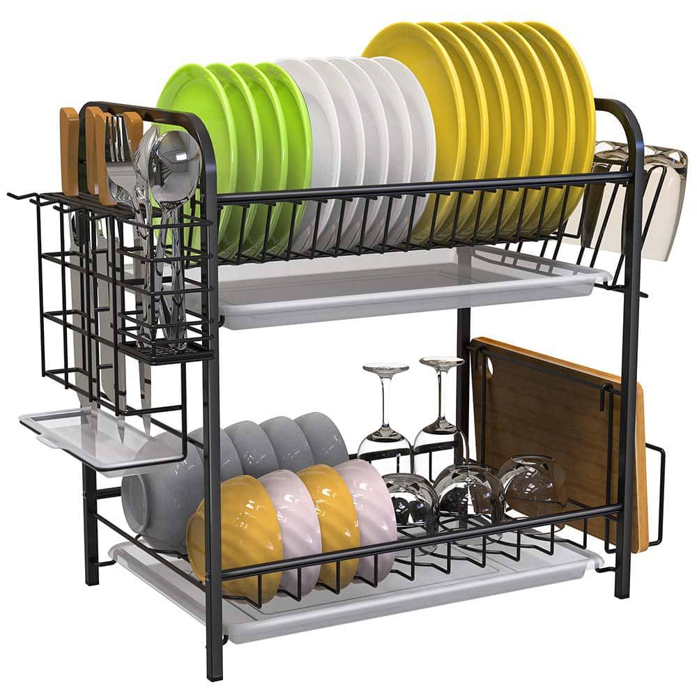 AULEDIO 2-Tier Black Metal Standing Dish Rack with Drainboard Dish ...
