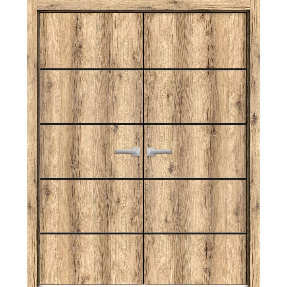 Sartodoors 48 in. x 84 in. 2 Panel Oak Color Finished Solid Wood with ...