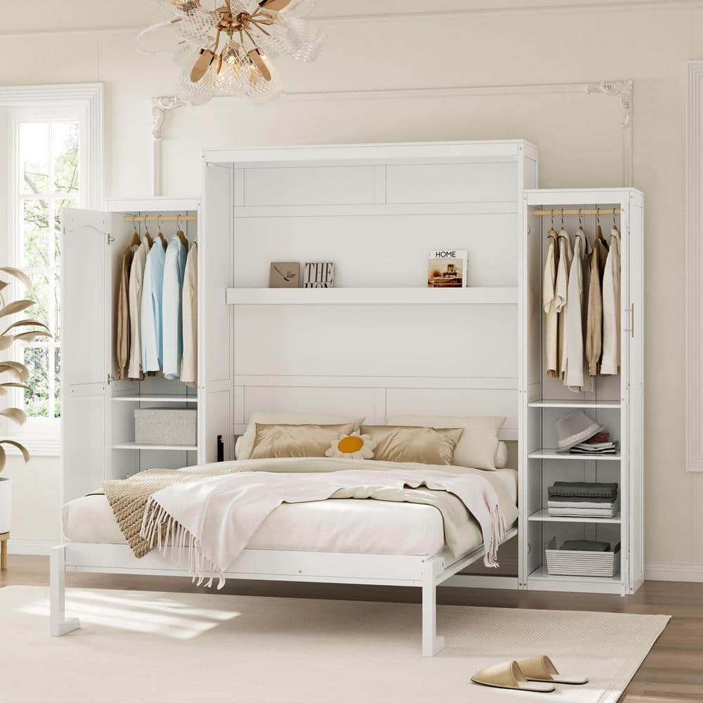 Harper & Bright Designs White Wood Frame Queen Size Murphy Bed Wall Bed ...