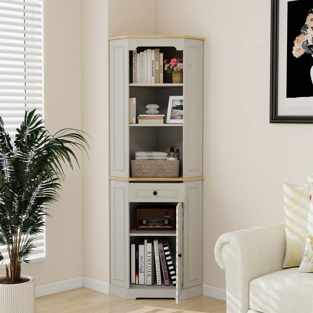 AndMakers Antique White Wood 17.71 in. x 68.11 in. Pantry Cabinet with ...