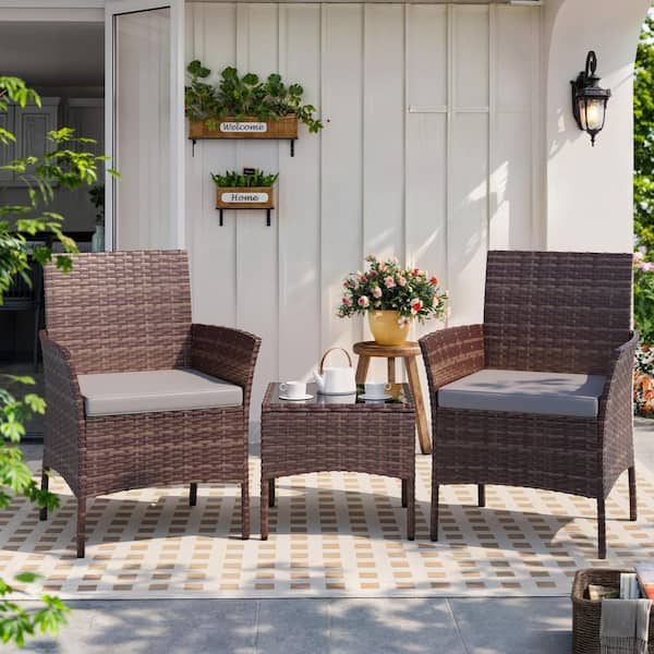 ELPOSUN 3-Piece Outdoor Brown Wicker Patio Set with Gray Cushions ...
