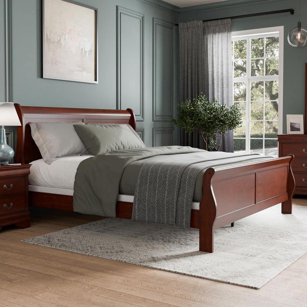 Furniture of America Burkhart Cherry King Wood Frame Sleigh Bed with ...