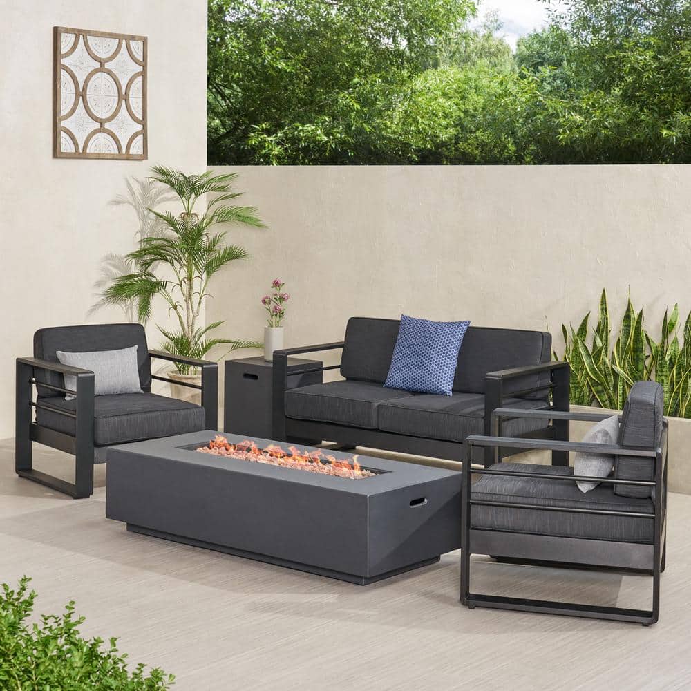Noble House Maya Bay Black 5-Piece Aluminum Outdoor Patio Fire Pit Set ...