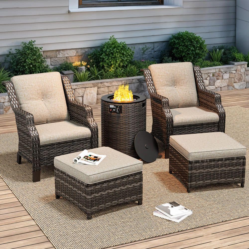 Gardenbee 5-Piece Outdoor Wicker Fire Pit Conversation Set with Lounge ...
