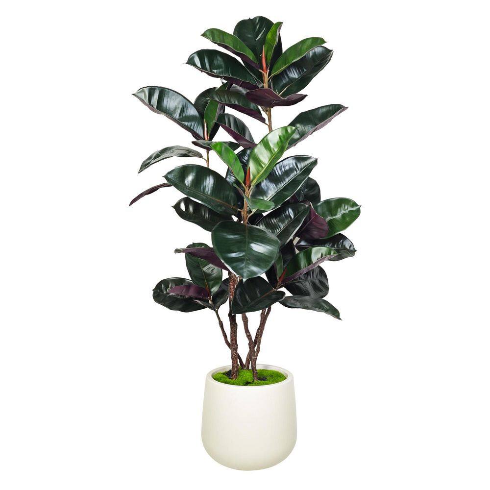 Edvivi 4.5 ft. Artificial Rubber Tree in White Decor Pot, Faux Green ...