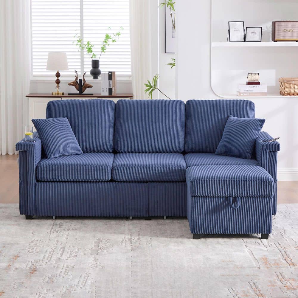 Noble House Elena 76.38 in. Corduroy L-Shaped Sectional Sofa in. Navy ...