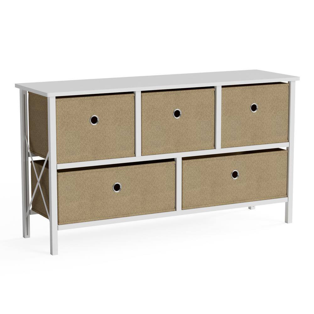 Brookside 40 in. W x 22 in. H White and Oat Fabric 5-Drawer Storage ...