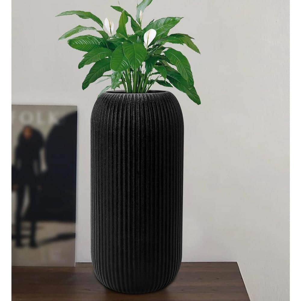 8 in. Cylinder Flower Vase Modern Black Ceramic Vase Home Decor, Ribbed ...