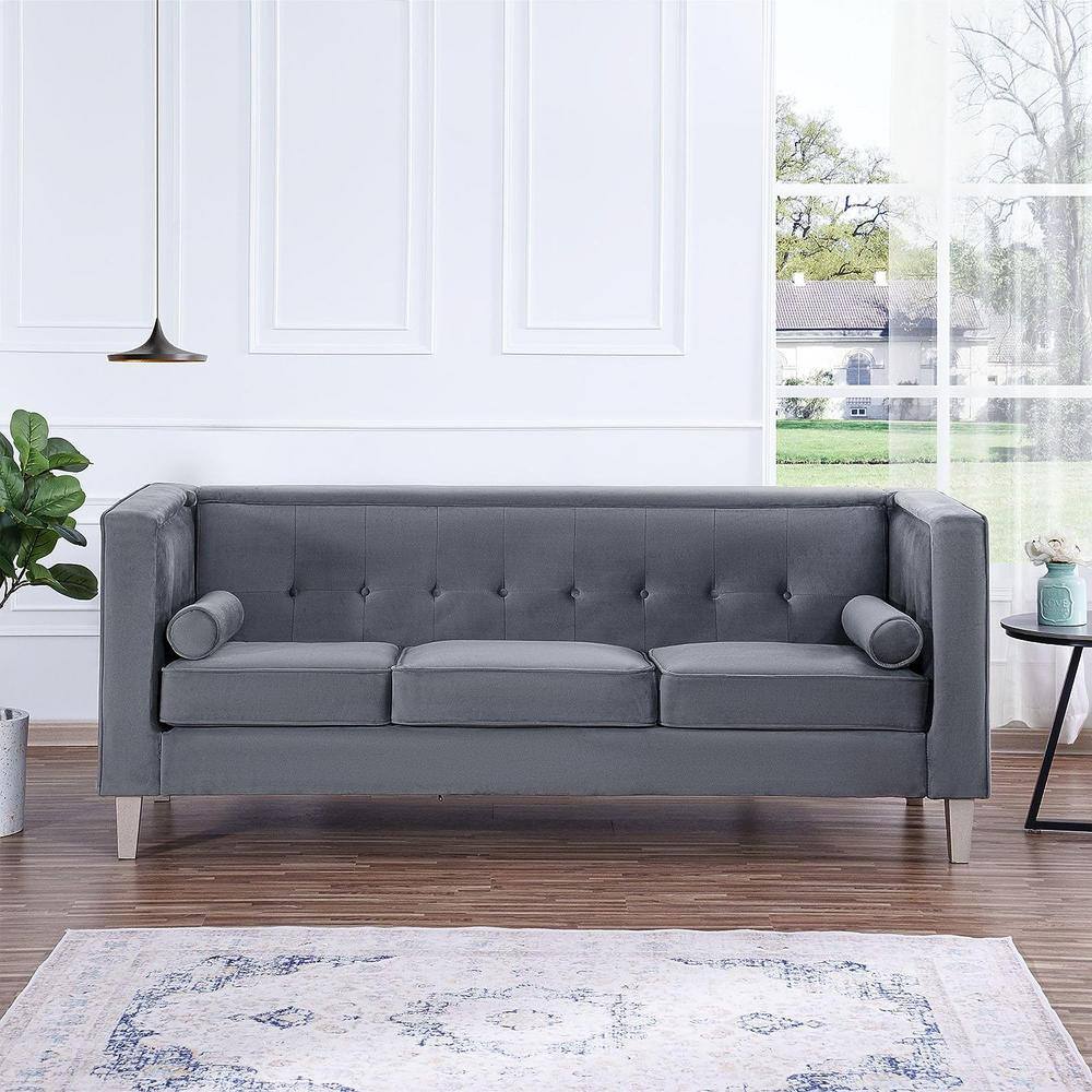 MAYKOOSH 83.5 in Wide Square Arm Velvet Rectangle Sofa in. Gray 13483MK ...