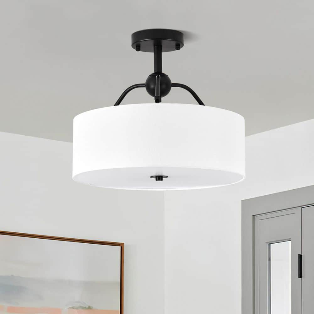 PAKOKULA Modern 15 in. 3-Light Matte Black Dimmable Semi-Flush Mount Ceiling Light with White ...