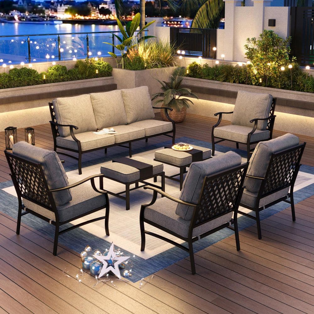 PHI VILLA Black Meshed 9-Seat 7-Piece Metal Outdoor Patio Conversation ...