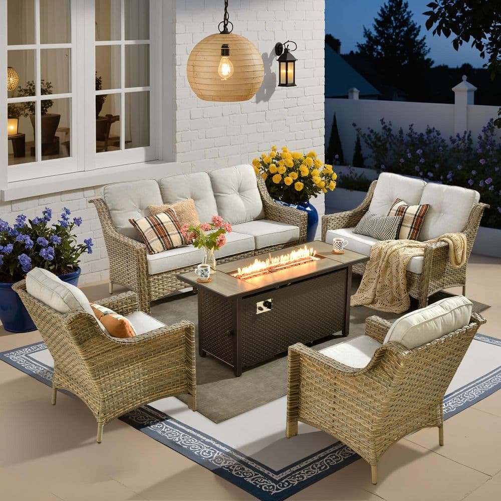 Toject Eureka 5-Piece Wicker Outdoor Fire Pit Patio Conversation Sofa ...