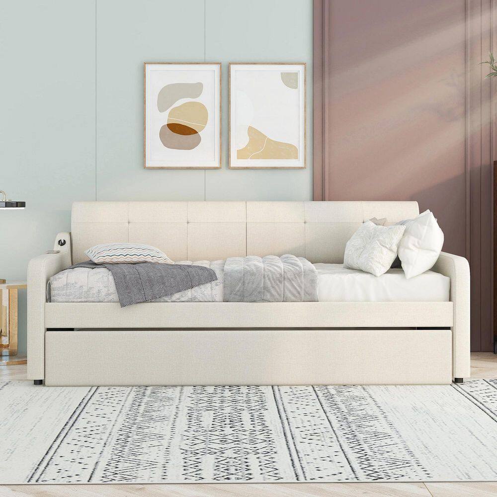Qualler Beige Twin Upholstery Daybed with Flat/Erected Trundle and USB ...