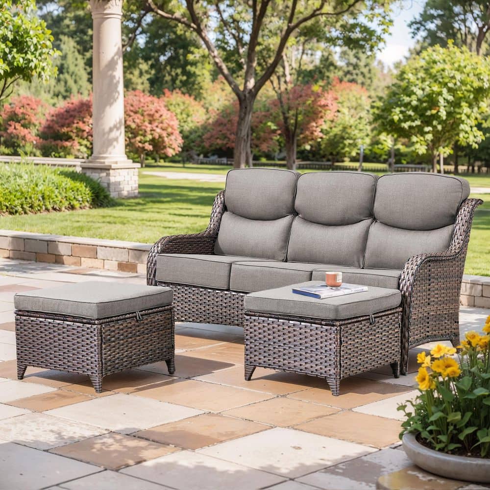 Bellefurn NovaSwivel Brown 3-Piece Wicker Outdoor Couch Patio Sectional ...