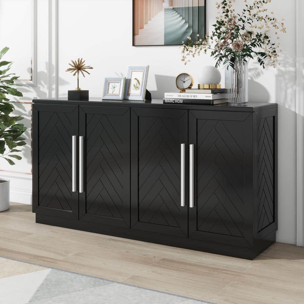 Harper & Bright Designs Black Wood 60 in. W Sideboard with Adjustable ...