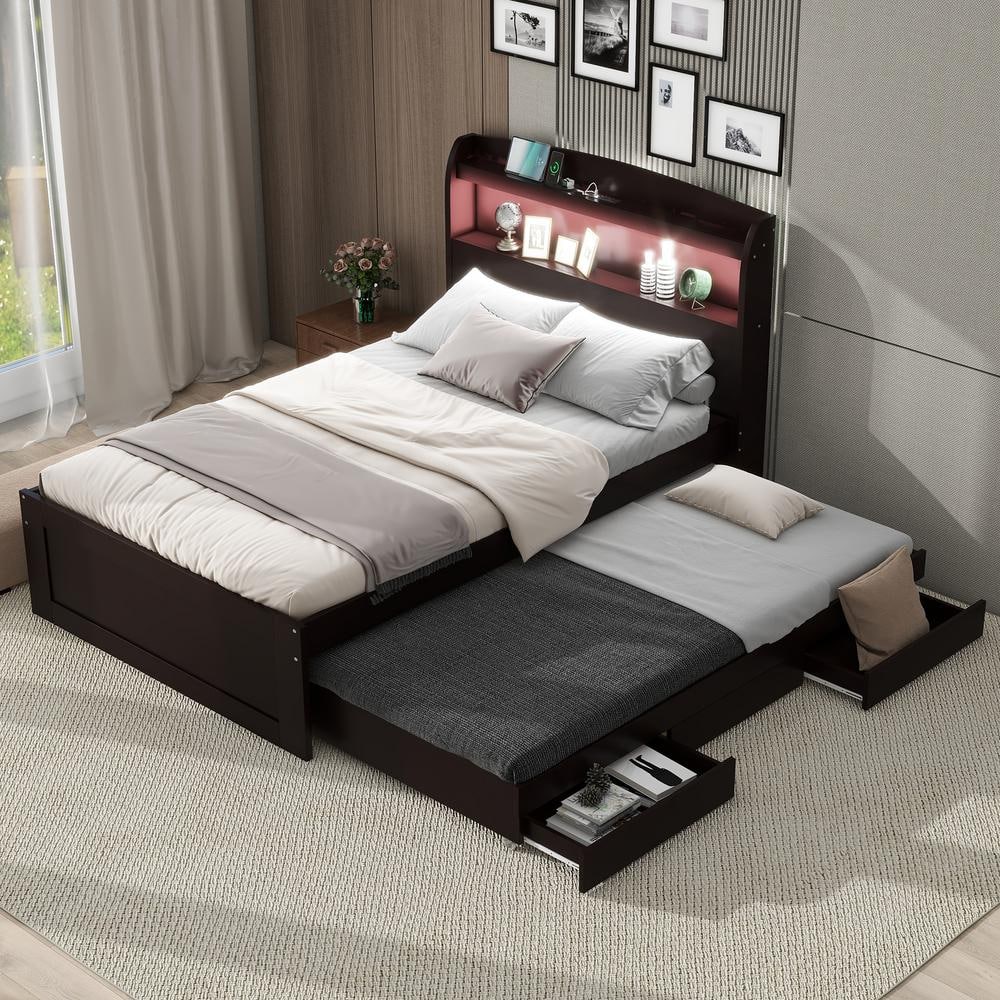Harper & Bright Designs Dark Brown Wood Frame Twin XL Platform Bed with ...
