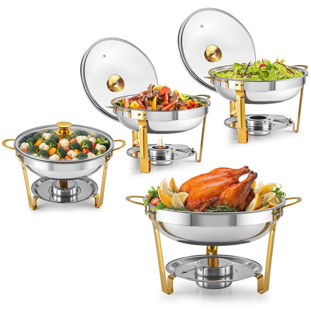 Wilprep 4-Pack 5 qt. Stainless Steel Round Chafing Dishes Buffet Set ...