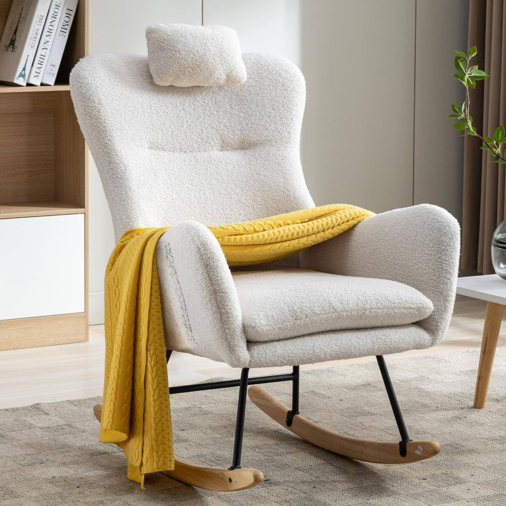 Clihome 35.5 in. White Rocking Chair with Pocket, Soft Teddy Fabric Rocking Chair CL-LU-94661 ...