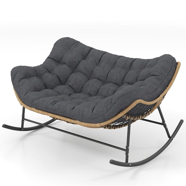 YIYEKE 2-Person PE Wicker Outdoor Rocking Chair Loveseat with Gray ...