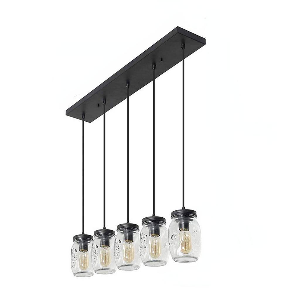 OUKANING 40-Watt 5-Light Black Glass Mason Jar Island Pendant Light ...