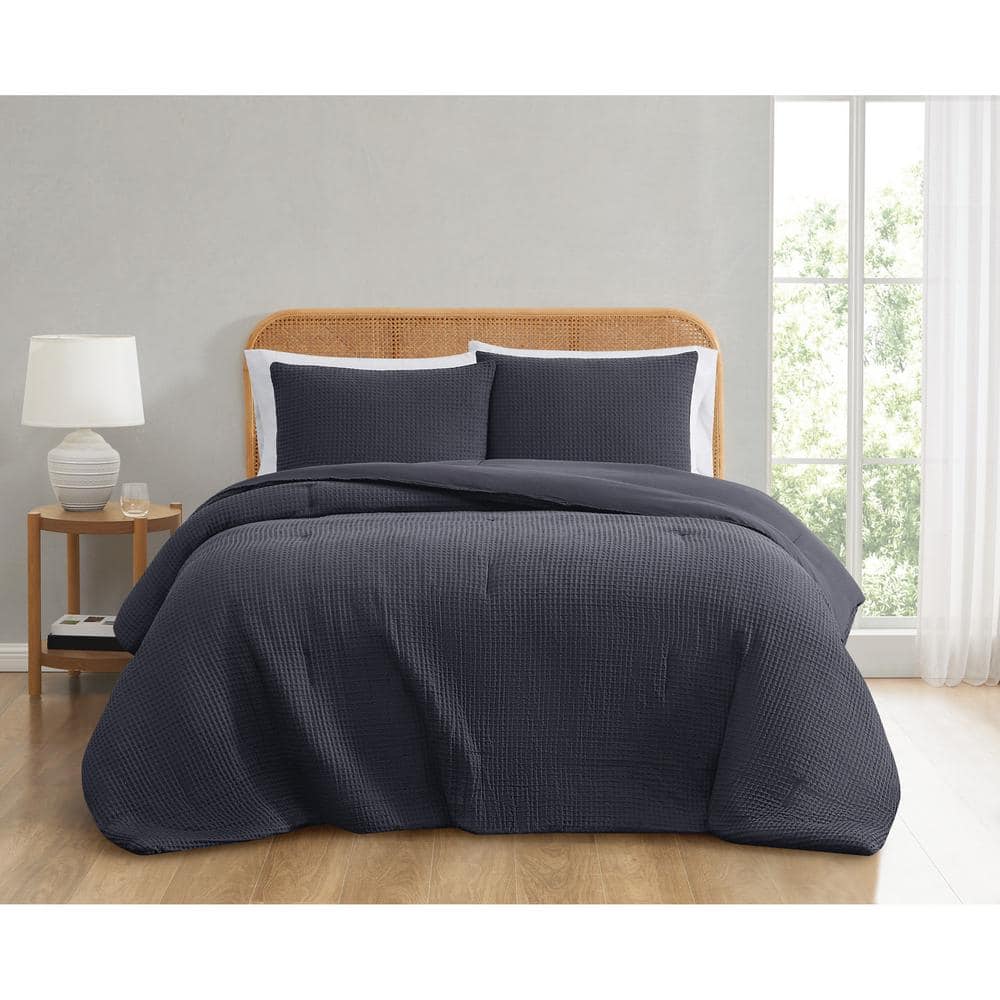 Truly Soft Textured Waffle Charcoal Grey Full Queen 3-Piece Microfiber ...