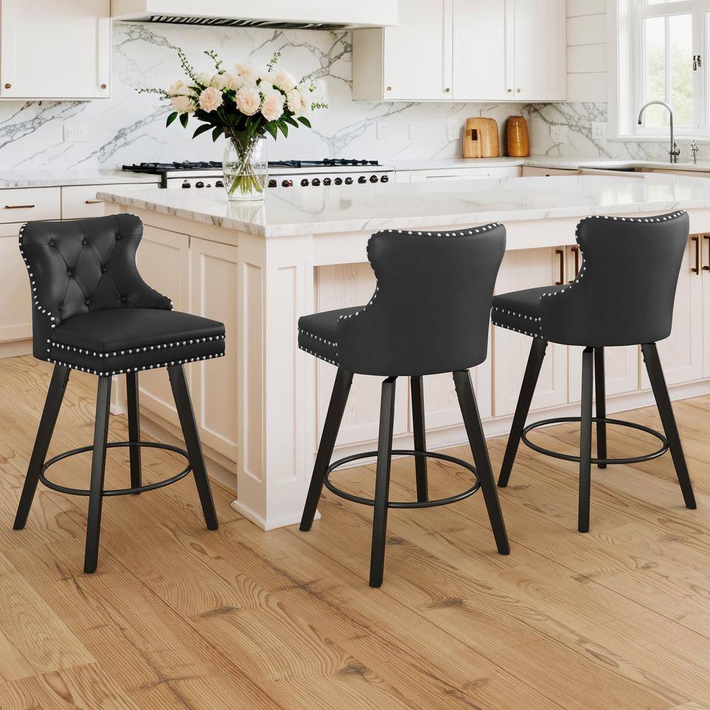 cozyman Apollo 27 in. Counter Stool Black Faux Leather Upholstered Button Tufted Swivel Bar Stool with Wood Frame Set of 3 ABL BLACK 3 The Home Depot
