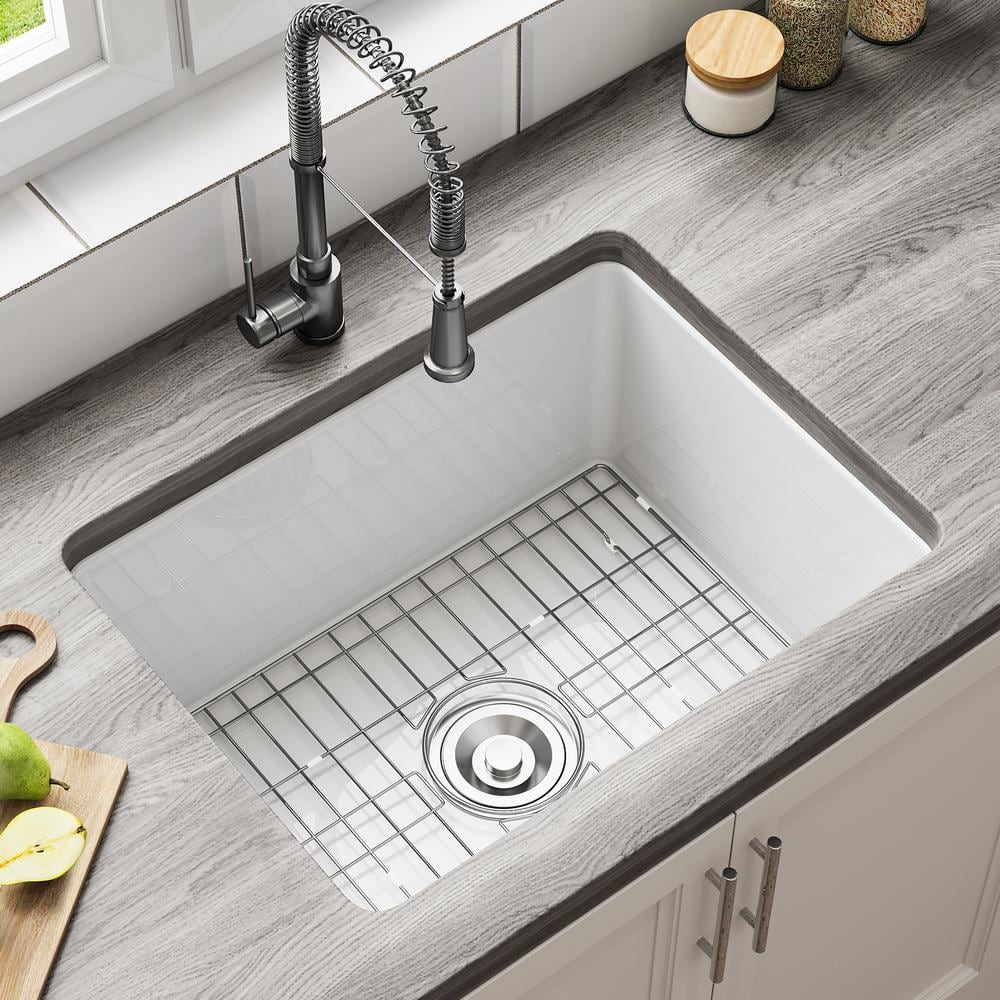 HOROW CozyStream 24 in. Undermount/Drop-In Single Bowl White Fireclay ...