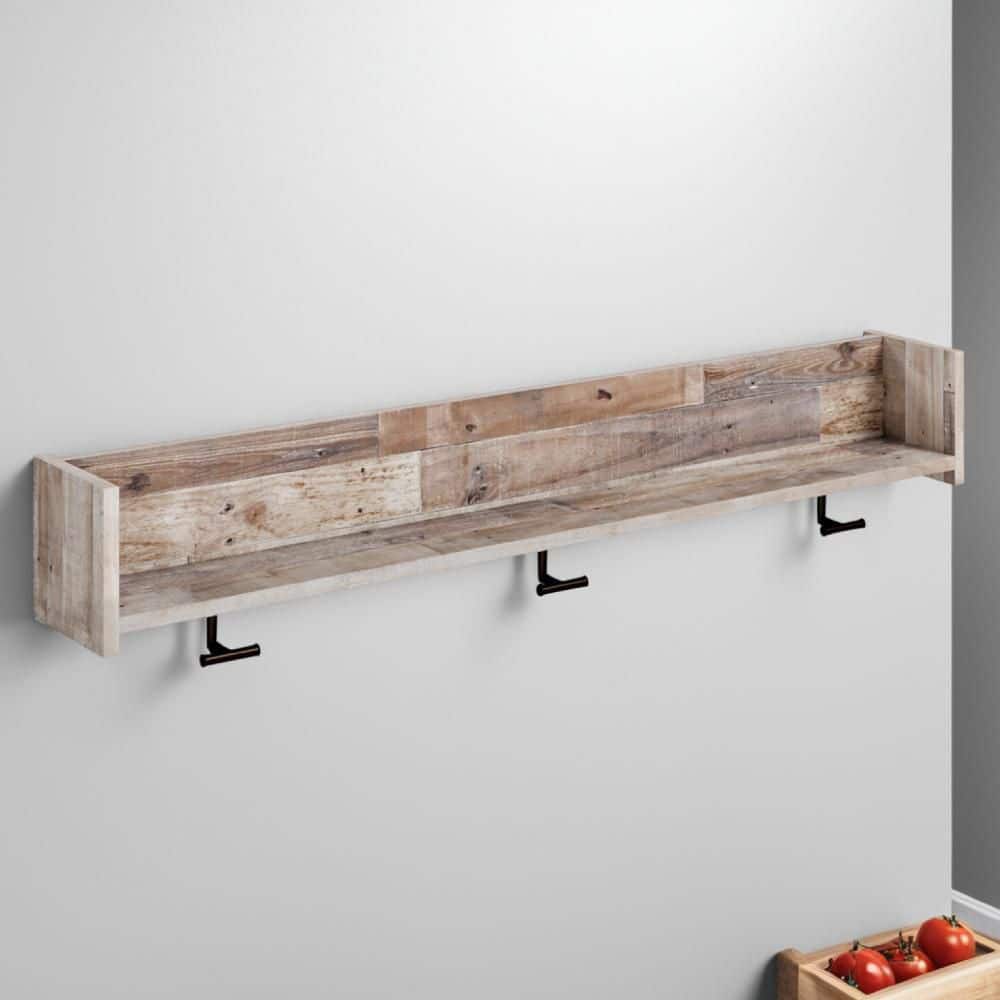 Benjara Elis Butcher Block White Wall Mounted Coat Rack with 3 Hooks ...