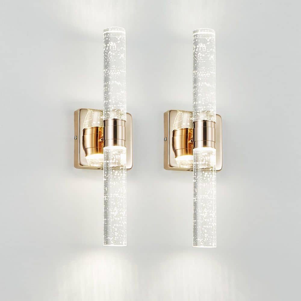 Gloweer 2-Pieces 17 in. W 1-Light Golden Wall Sconce Vanity Light Crystal LED Wall Light with ...