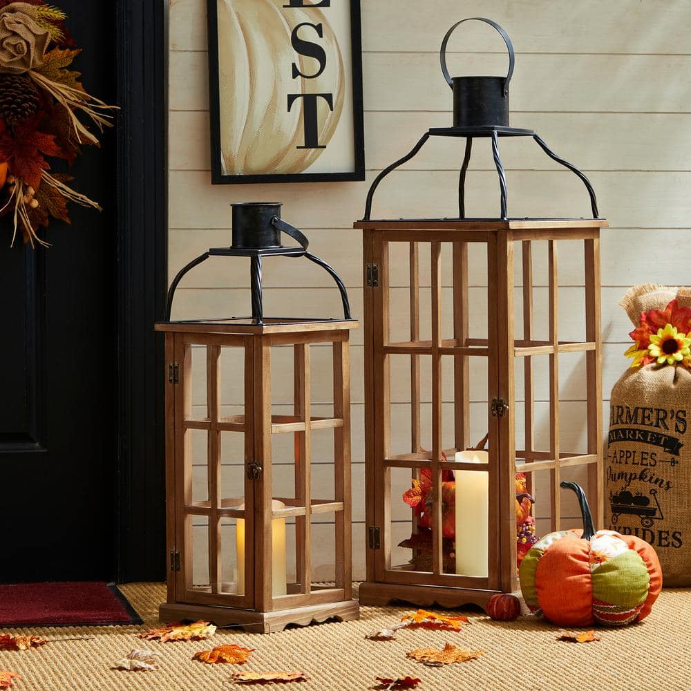 Glitzhome Oversized Farmhouse Wood/Metal Natural Lanterns (Set of 2 ...