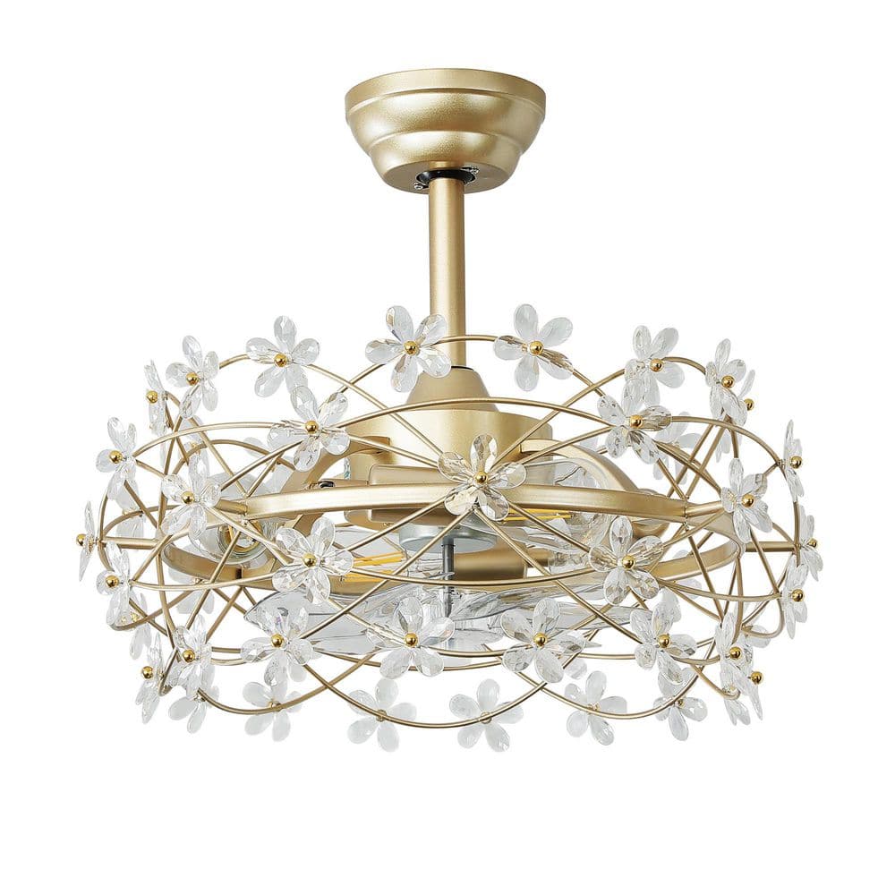 KAISITE 20 in. Indoor Gold Modern Cage Flower Crystal Ceiling Fan with ...