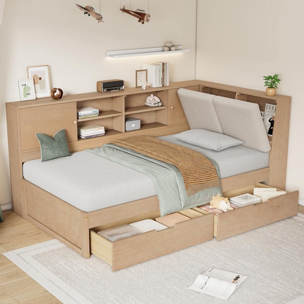Harper & Bright Designs Natural Twin Daybed with Storage Bookcase ...