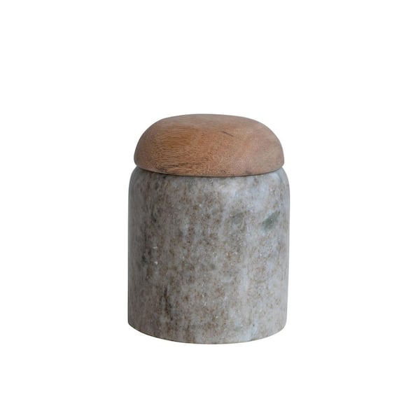 Storied Home 3 x 4 in. Beige Modern Marble Canister with Wood Lid ...