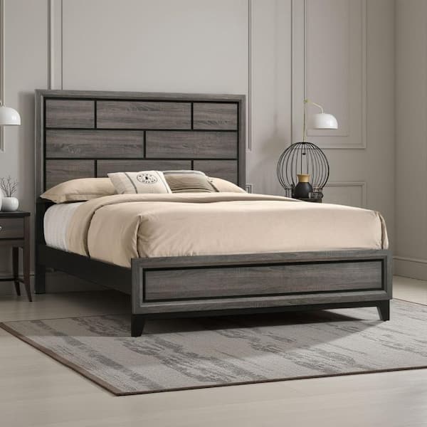 Benjara Grooved Gray Wood Frame King Size Panel Bed with Tapered Legs ...