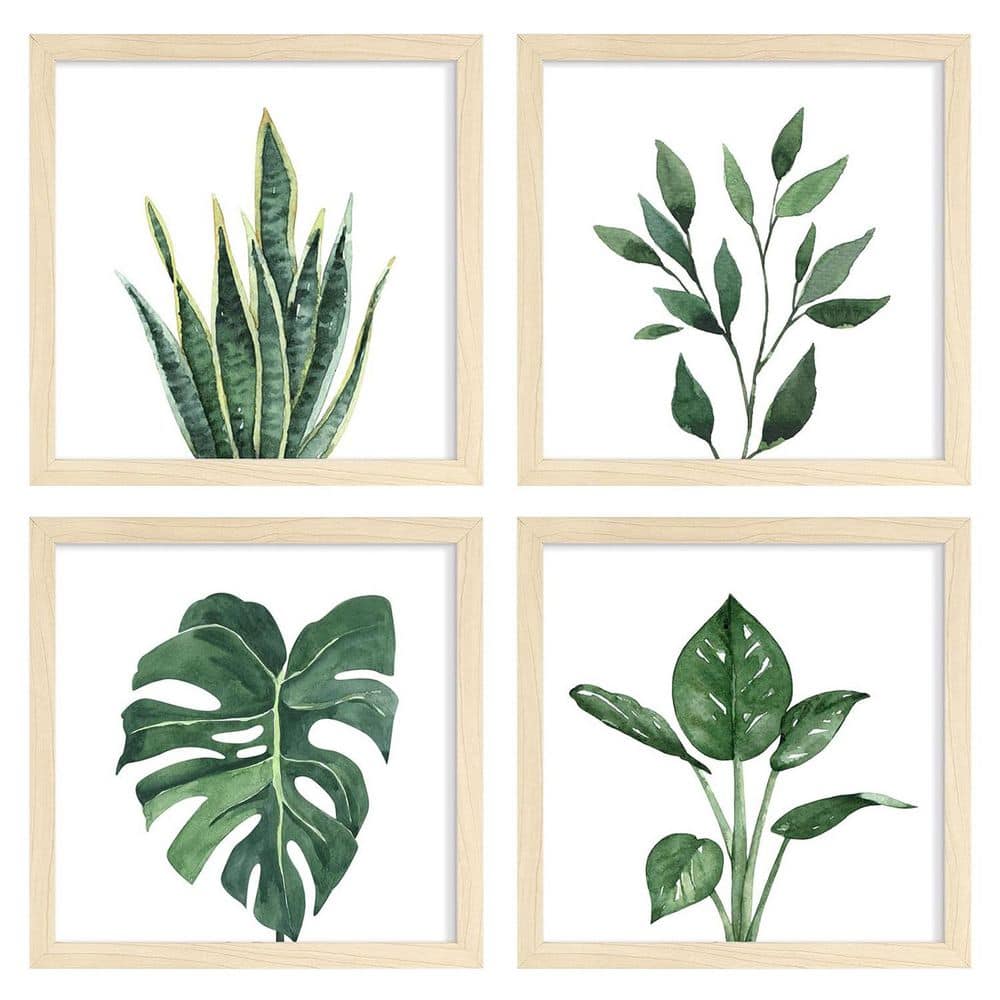 4 Piece Beige Wood Framed Sage Green Plant Print Wall Prints 10 in. x ...