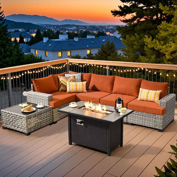 XIZZI Ligne 7-Pieces Wicker Outdoor Patio Rectangular Fire Pit Sets ...