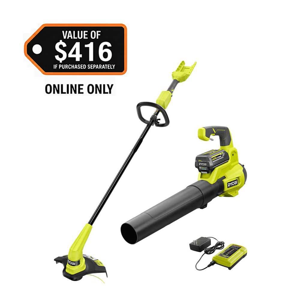 RYOBI 40V Cordless Battery 12 in. String Trimmer and 450 CFM 120 MPH ...