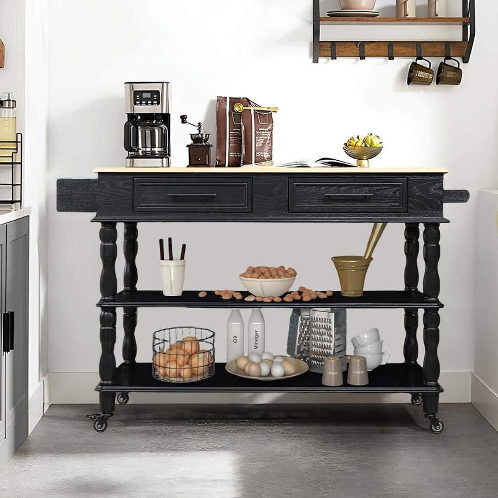 WarmieHomy Solid Wood Natural Top Black Rolling Kitchen Cart Wine and ...